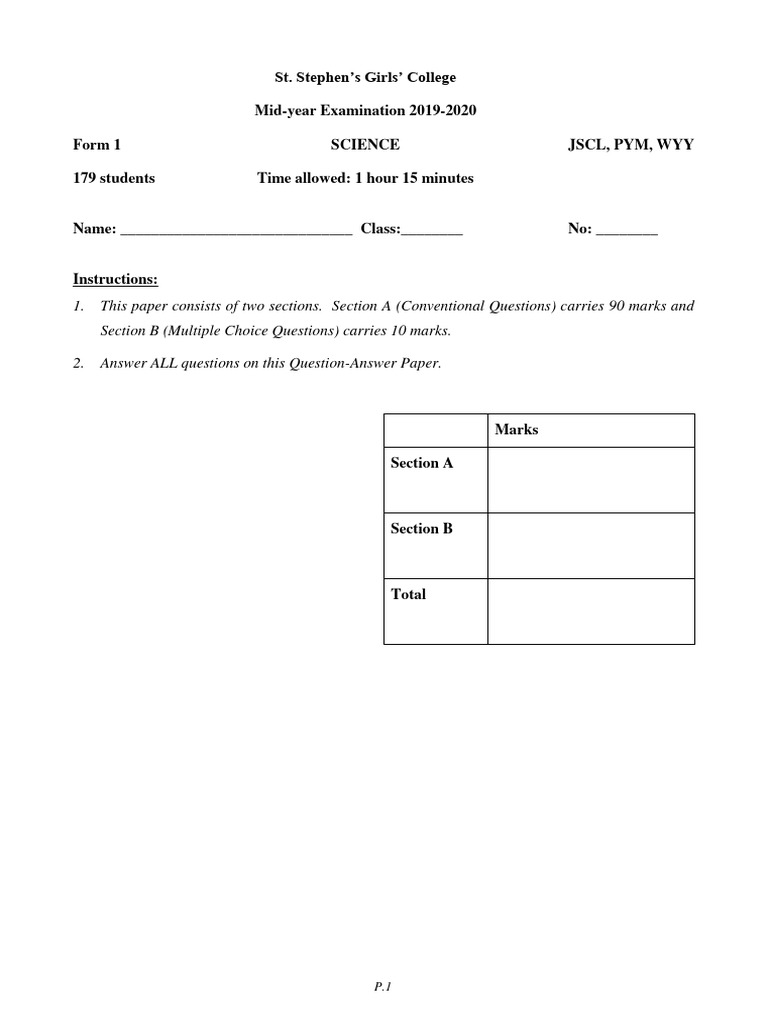 19-20 F.1 Science Mid Year Exam | PDF | Experiment | Water