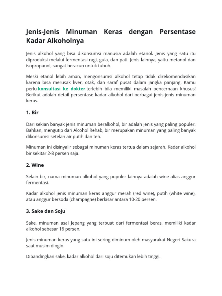 Kadar Alkohol Berbagai Minuman Keras | PDF