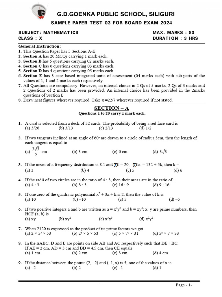 X Math Sample Paper 23-24-3 | PDF | Circle | Area
