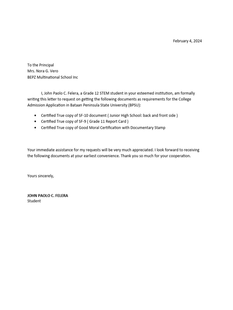 Letter Request For Good Moral Certificate | PDF