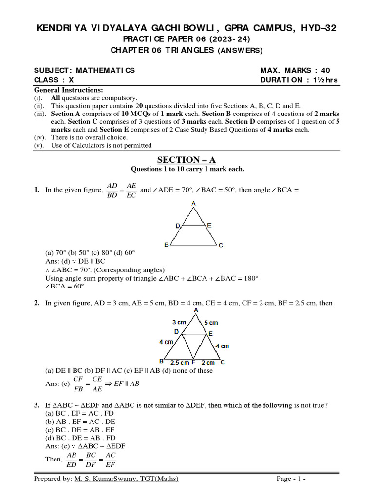 Maths Class X Chapter 06 Triangles Practice Paper 06 Answers | PDF | Geometry | Euclidean Plane ...