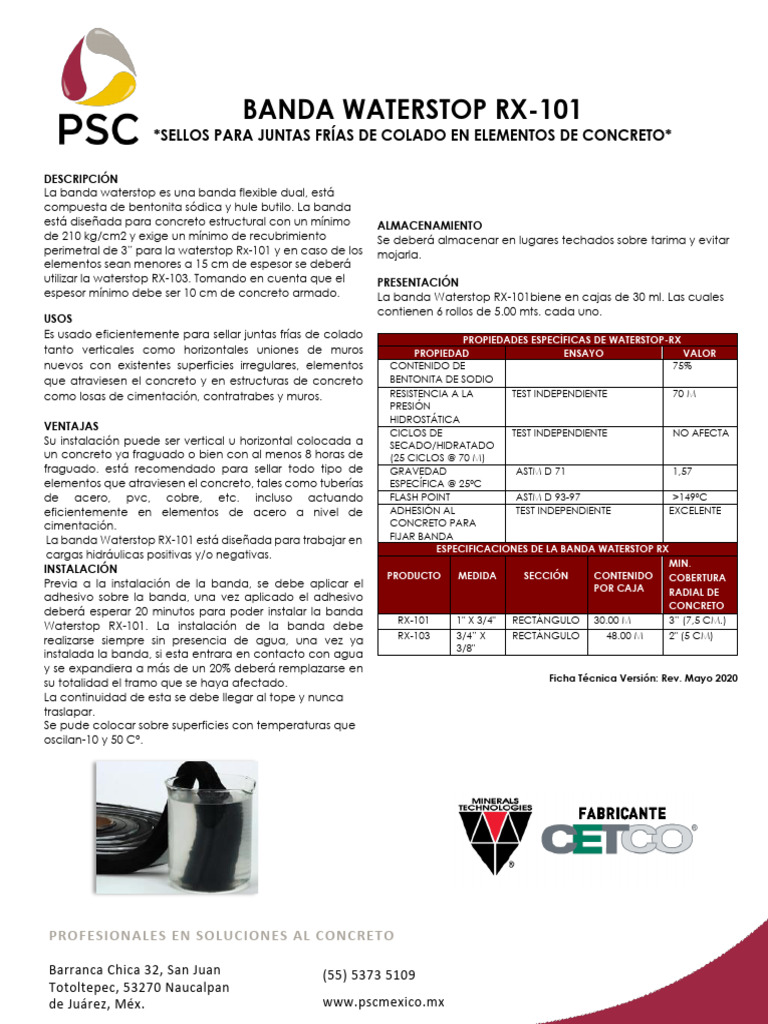 Ficha Tecnica Waterstop RX 101 | PDF | Hormigón | Materiales de ...