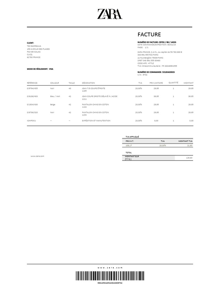 Facture Zara - Commande C9702/08/14555 | PDF