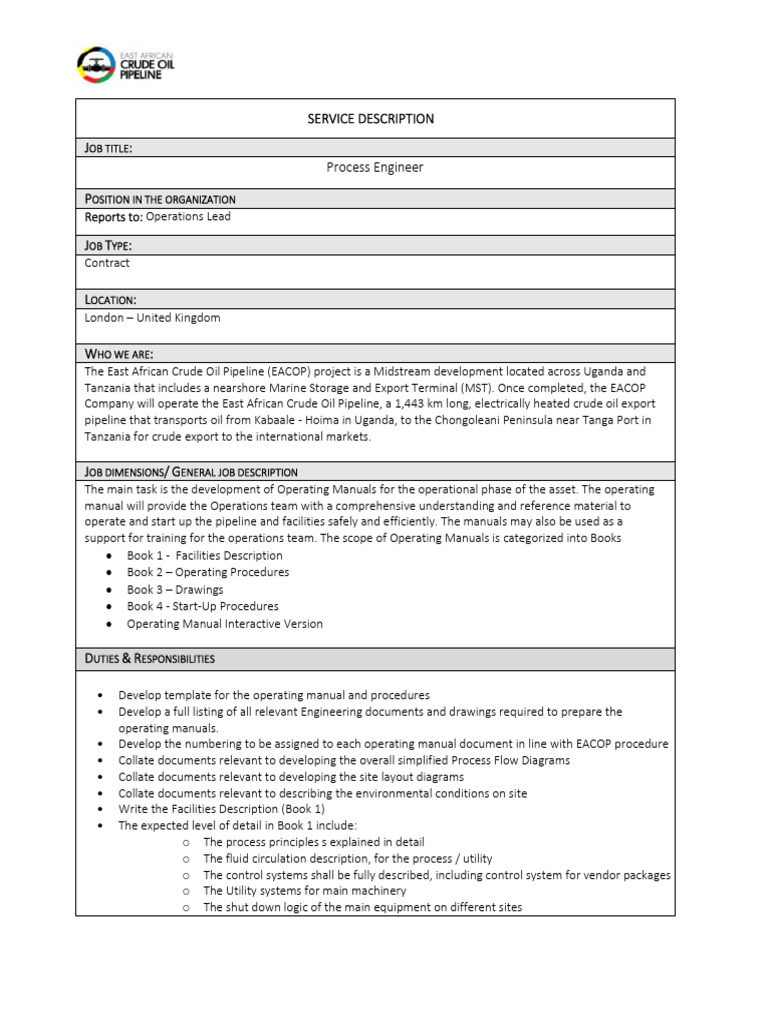 EACOP Company - SD - Process Engineer - Job Description | PDF