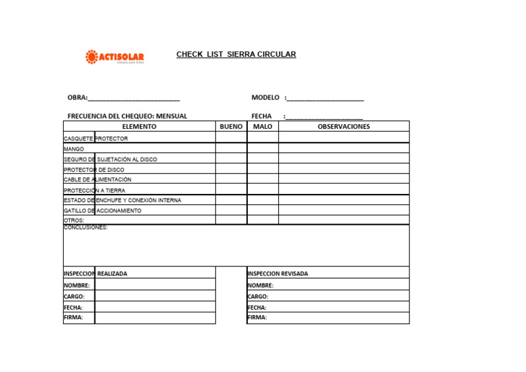 Check List Sierra Circular Actisolar | PDF