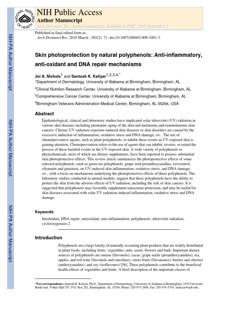 Skin Photoprotection by Natural Polyphenols Anti-Inflammatory, Antioxidant and DNA Repair ...