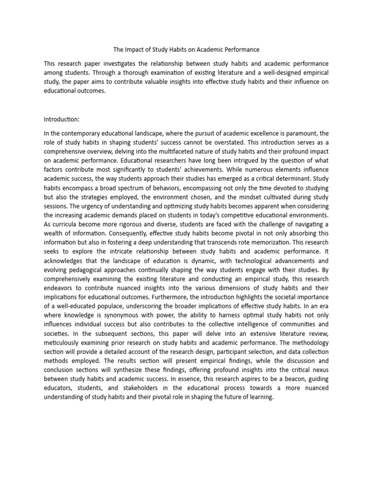 The Impact Of Study Habits On Academic Performance Pdf Learning