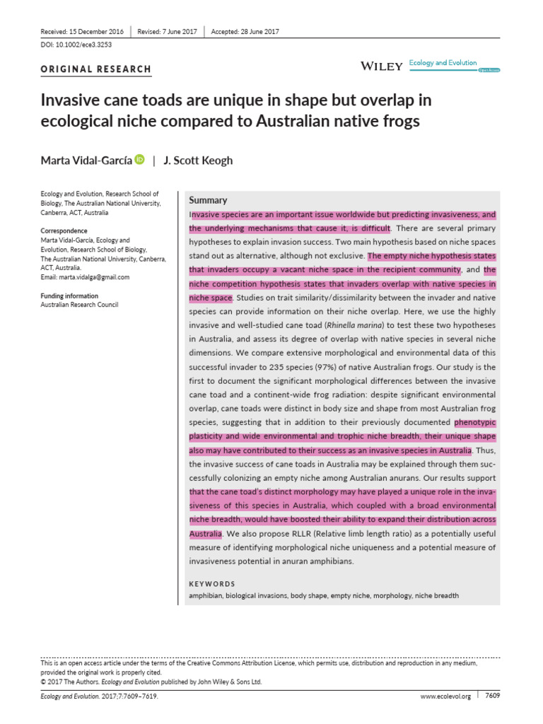 Ecology and Evolution - 2017 - Vidal García - Invasive Cane Toads Are ...