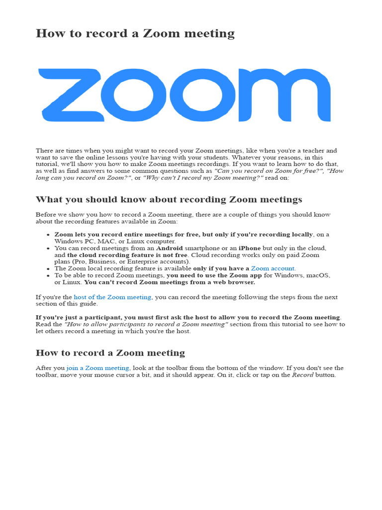 How to Record Zoom Meetings Guide | PDF | Button (Computing) | Computer ...