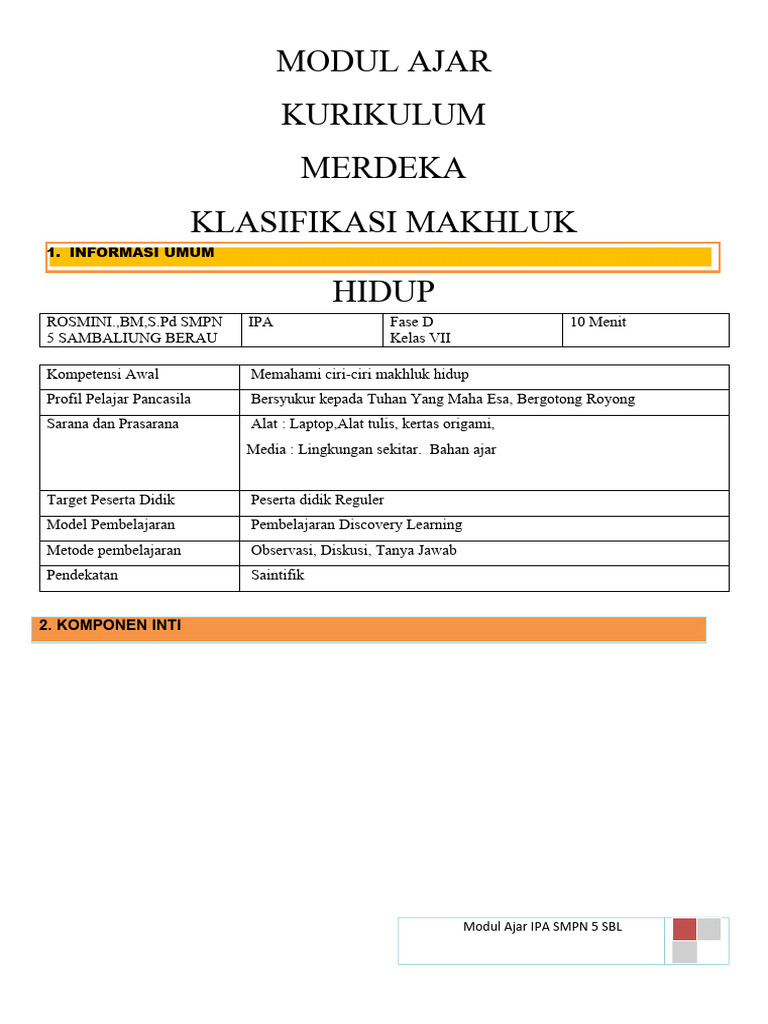 Modul Ajar Klasifikasi Kls 7 | PDF