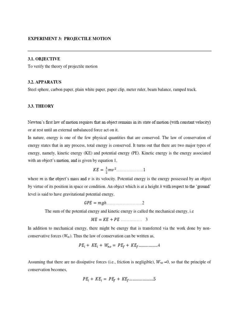EXPERIMENT 3 Projectile Motion | PDF | Force | Potential Energy