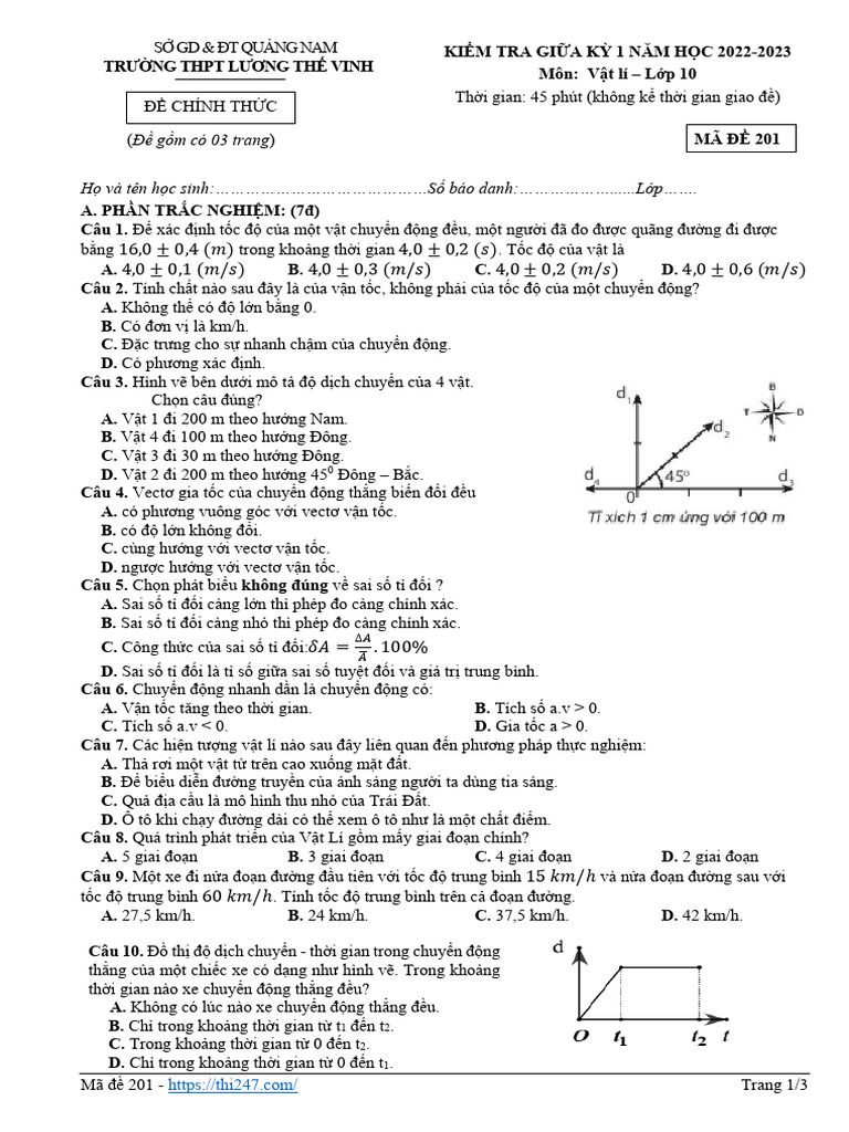 De Giua Ki 1 Vat Li 10 Nam 2022 2023 Truong THPT Luong The Vinh Quang Nam | PDF