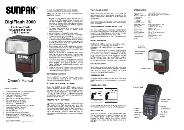SunPak DigiFlash 3000 Manual | PDF | Flash (Photography) | Camera