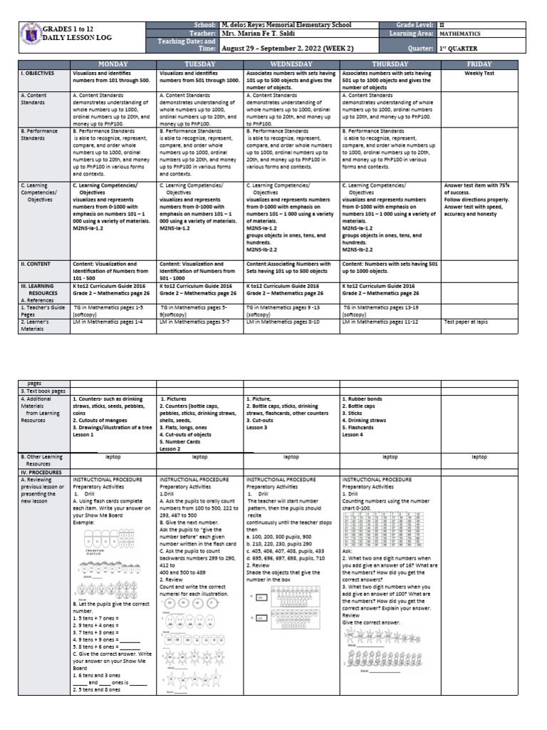 DLL - Math 2 - Q1 - W1 | PDF | Curriculum | Abstraction