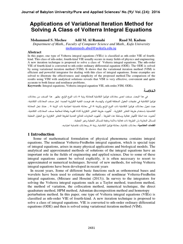 Applications of Variational Iteration Method For Solving A Class of Volterra Integral Equations ...