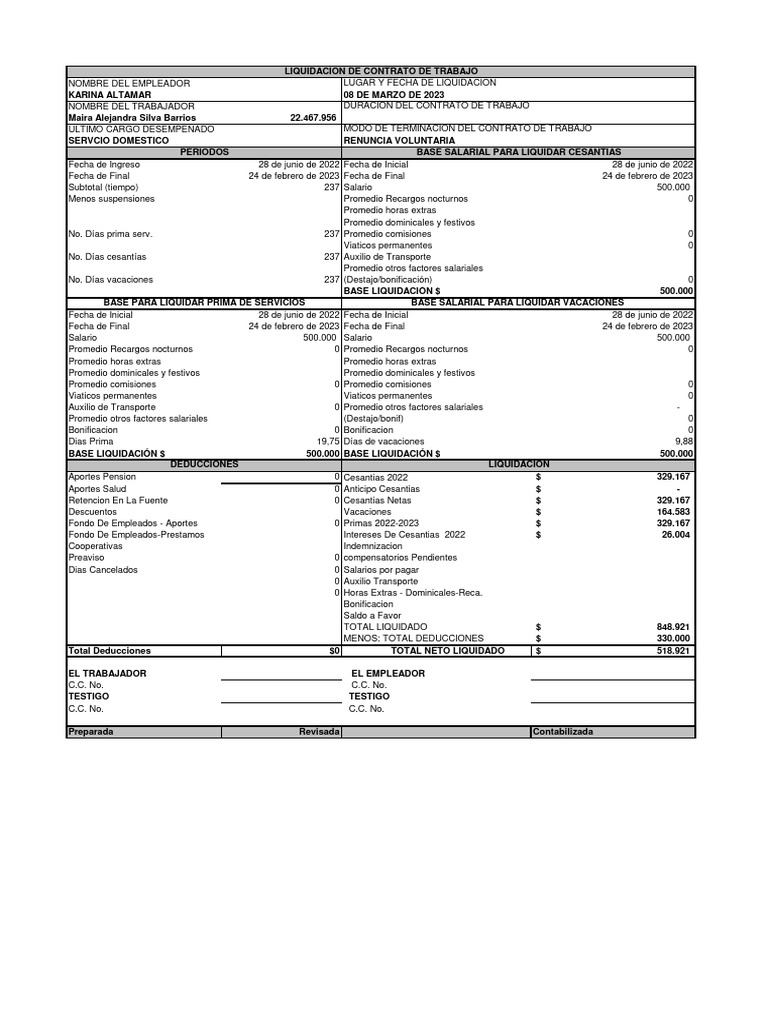 Liquidacion de Contrato Maira | PDF | Salario | Gastos