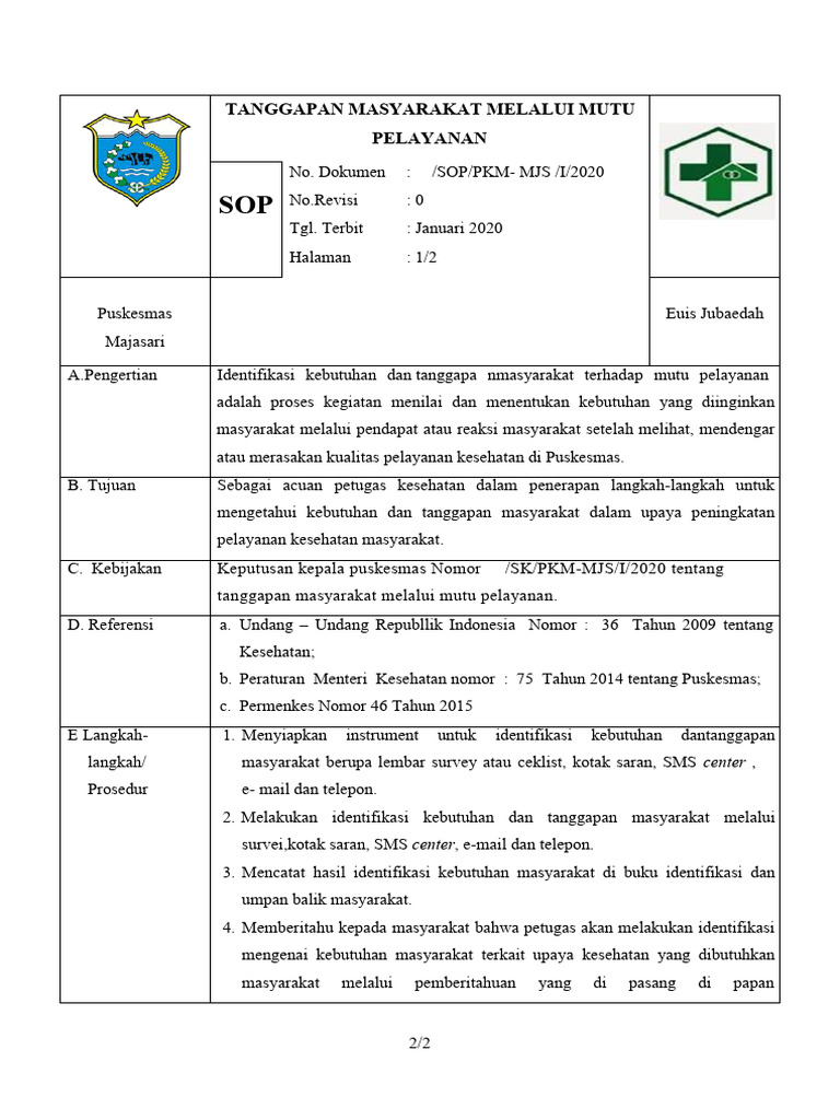 1.1.2. EP 2 SOP JD Identifikasi Kebutuhan Dan Tanggapan Masyarakat Terhadap Mutu Pelayanan | PDF