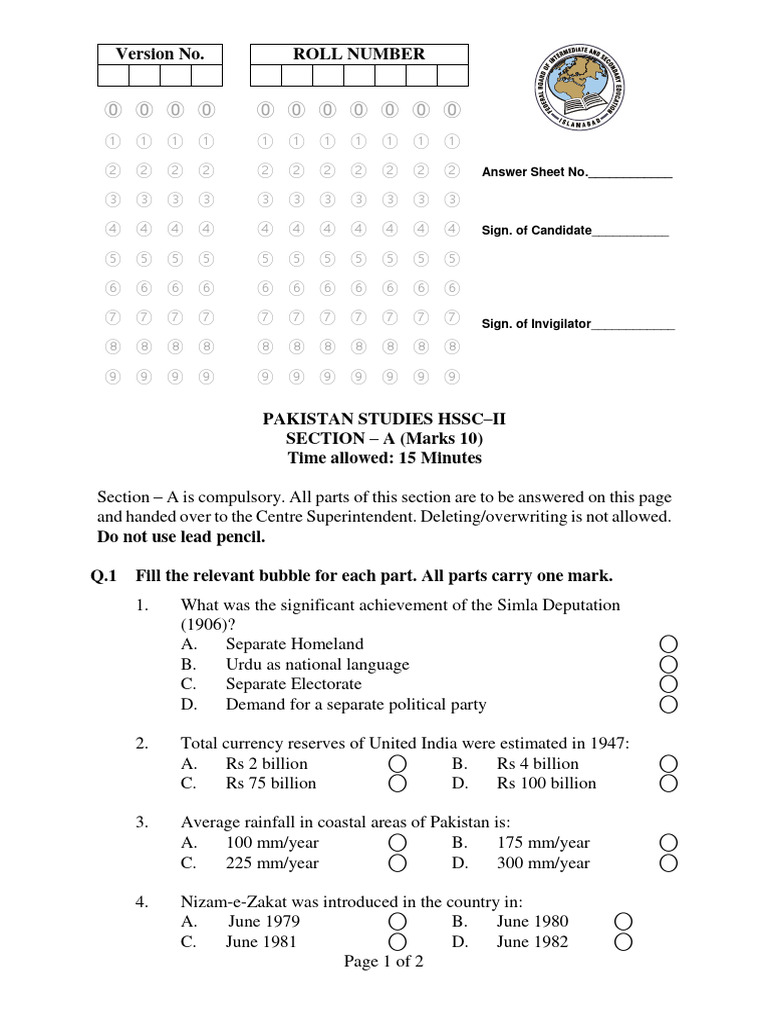 Final HSSC-II Pakistan Studies Model Paper | PDF | Pakistan | Partition ...