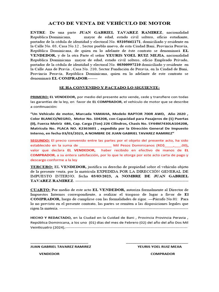Modelo Acto de Venta de Vehiculo de Motor | PDF | República Dominicana ...