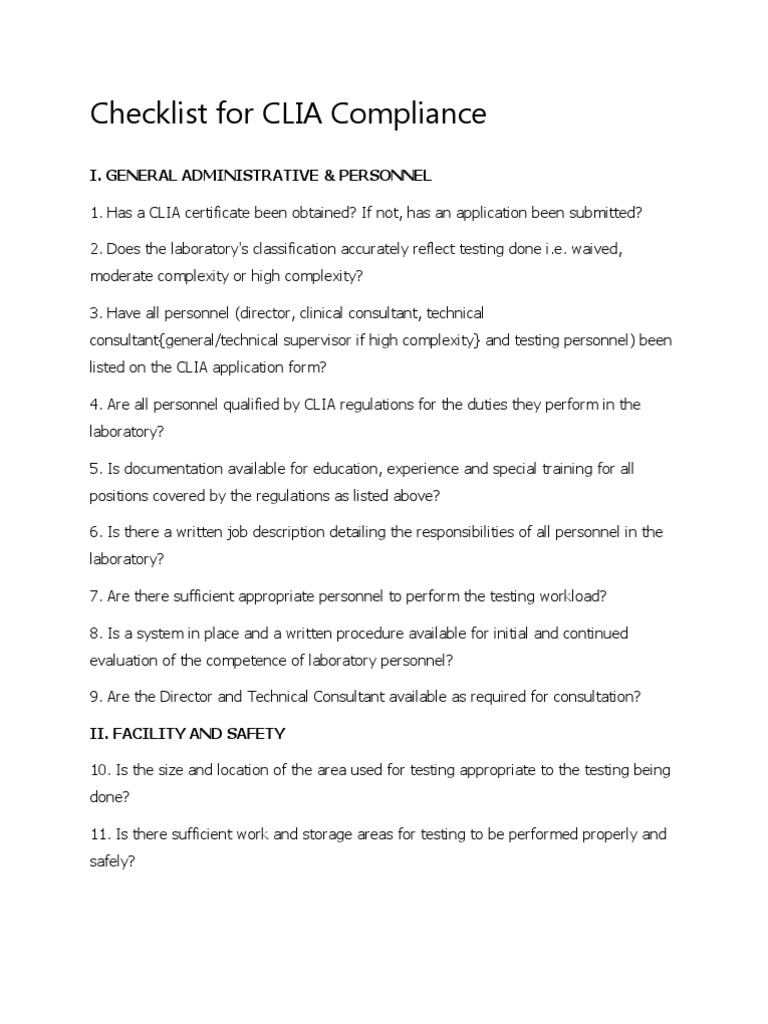 Checklist For CLIA Compliance | PDF | Assay | Calibration