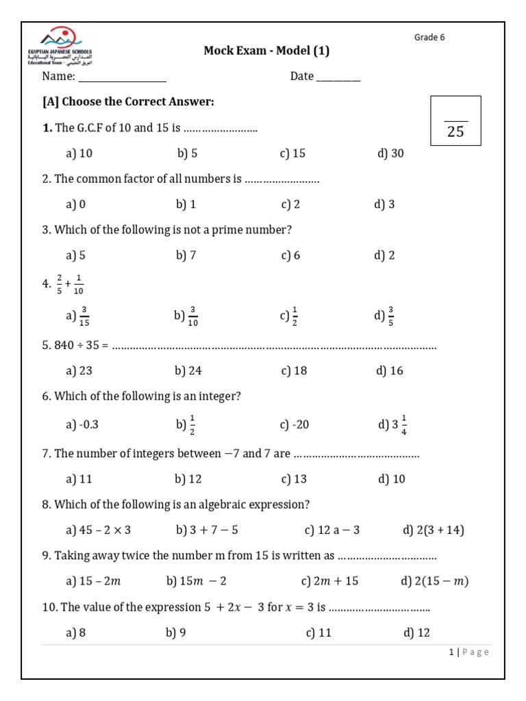 Mock Exam G6 Model (1) - 1 | PDF | Quartile | Mean