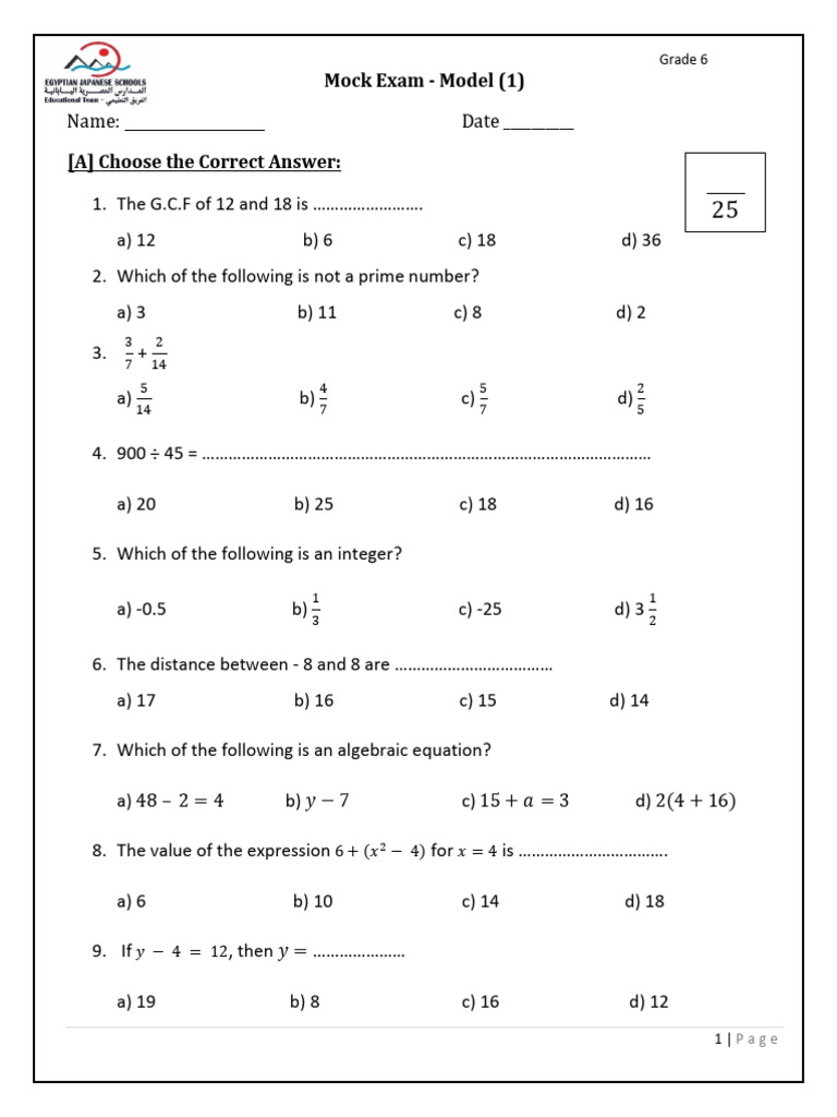 Mock Exam G6 Model (2) | PDF | Mathematics | Algebra