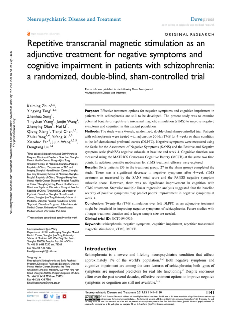 2019, Repetitive TMS As An Adjunctive Treatment For Negative Symptom of ...