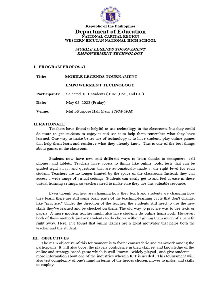 Mobile Legends Proposal | PDF | Educational Technology | Learning