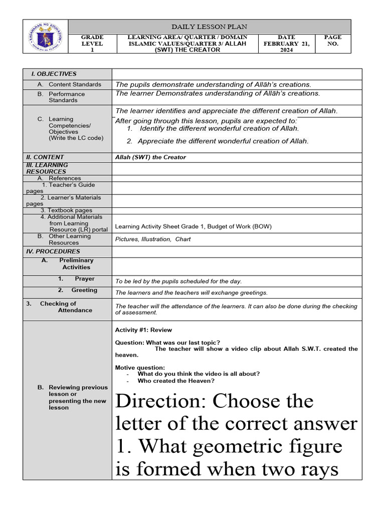 Lesson Plan on Allah's Creations for Kids | PDF | Sky | Triangle