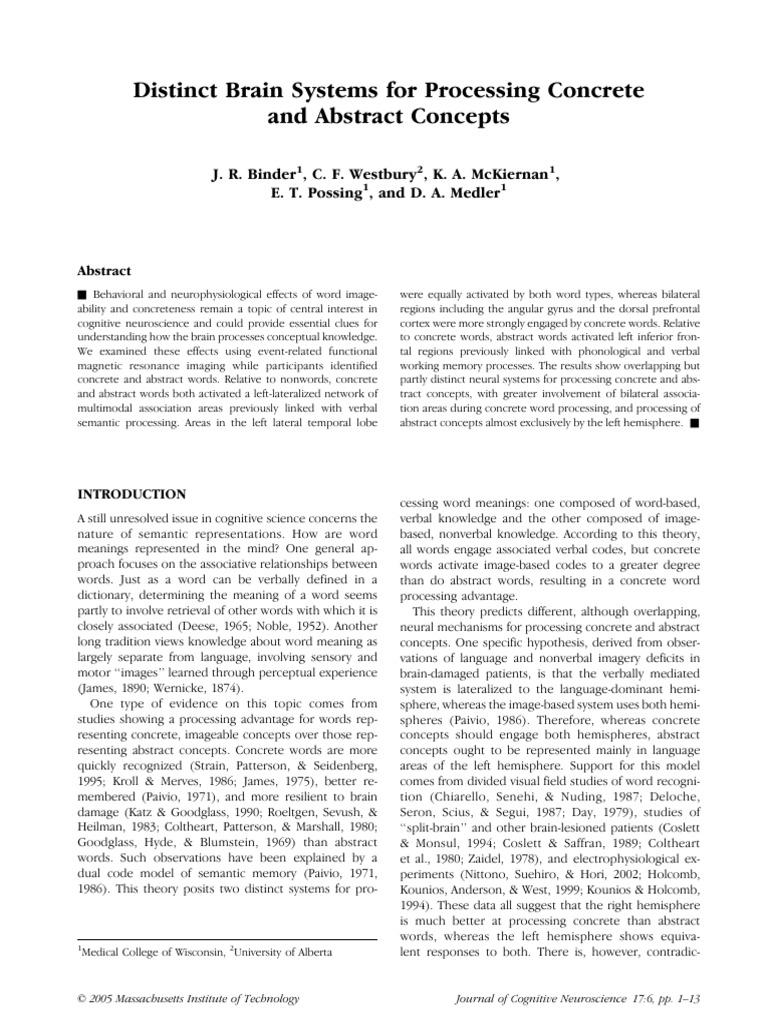 Distinct Brain Systems For Processing Concrete and Abstract Concepts | PDF | Cingulate Cortex ...