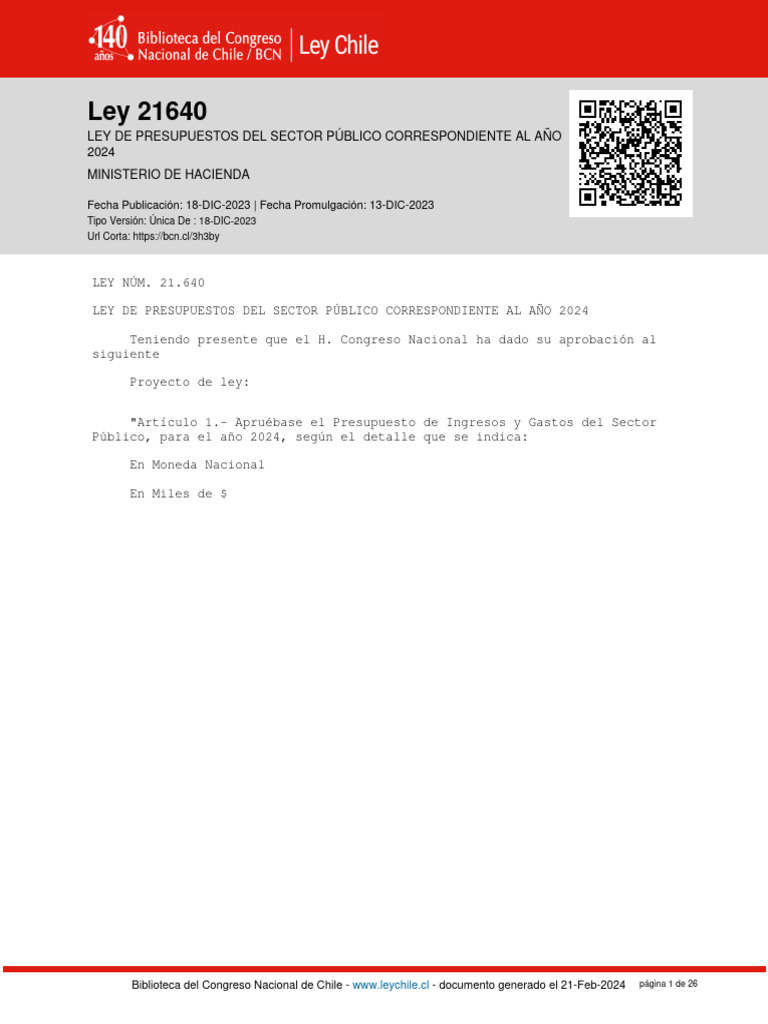 Ley 21640: Presupuesto 2024 Chile | PDF | Presupuesto | Chile