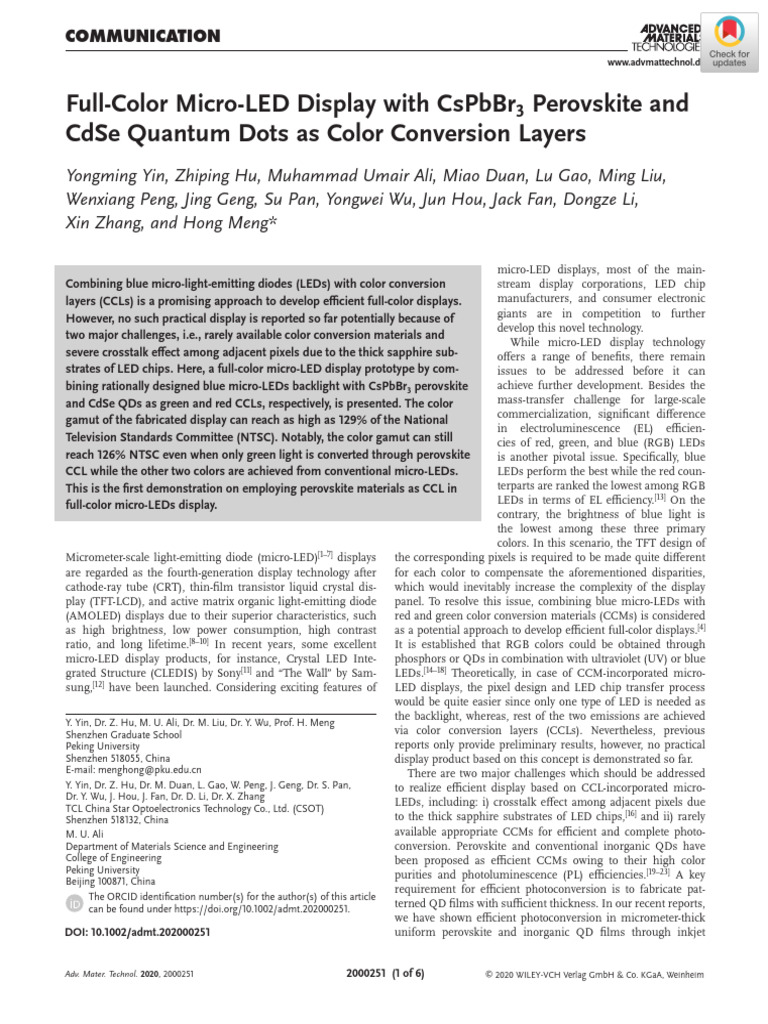 Full-Color Micro-LED Display With CsPbBr3 Perovskite and CdSe Quantum ...