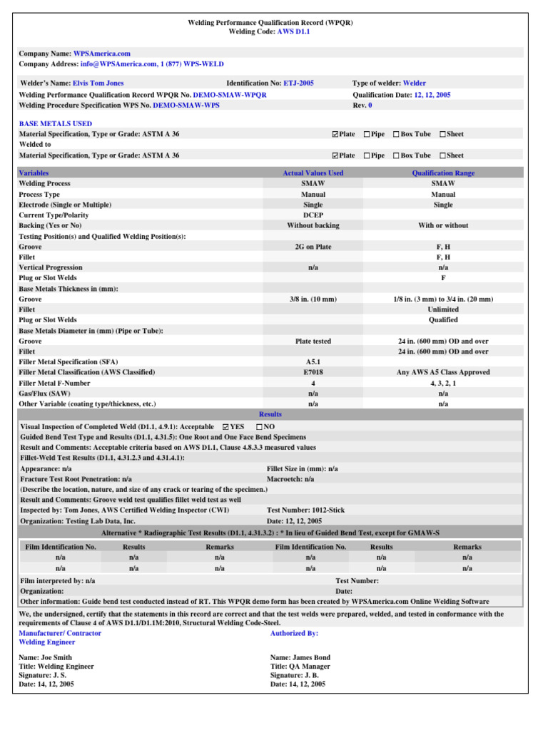 WPQR Sample | PDF | Welding | Construction