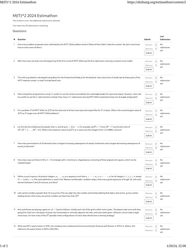 MIT2 2024 Estimathon 1 | PDF | Sequence | Numbers