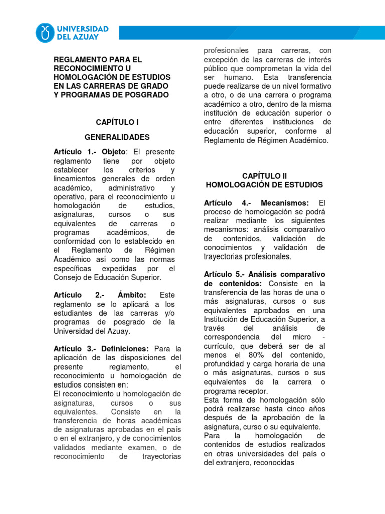 Reglamento para El Reconocimiento U Homologación de Estudios en Las ...