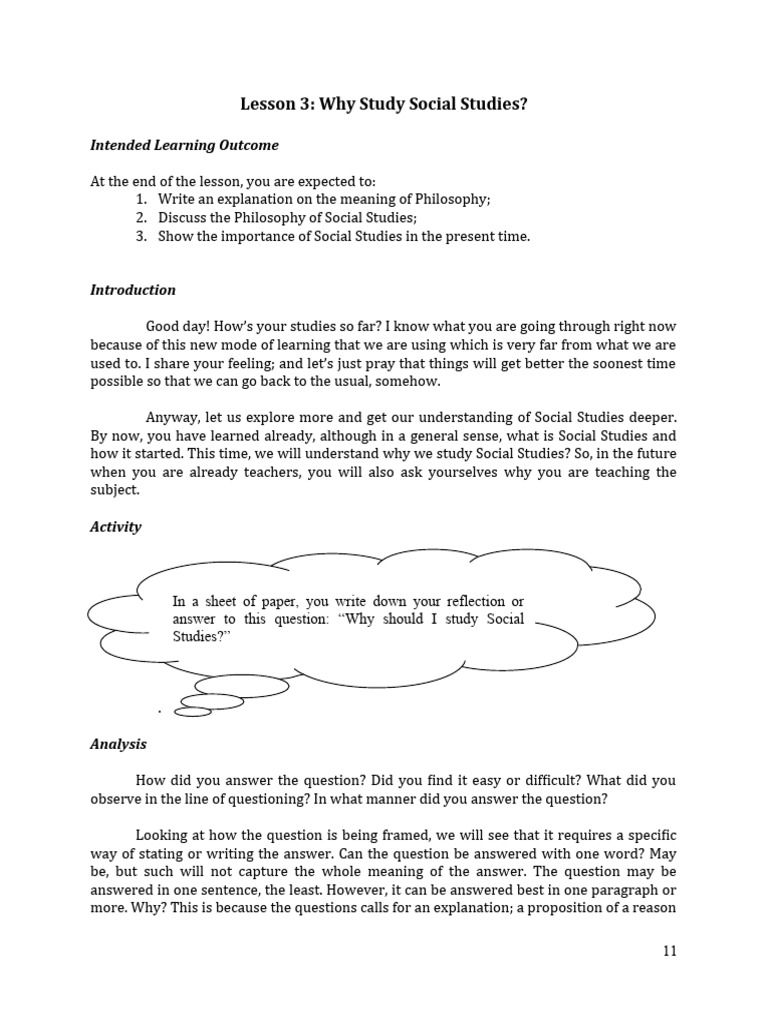Lesson 3 (Why Study Social Studies) | PDF | Reason | Question
