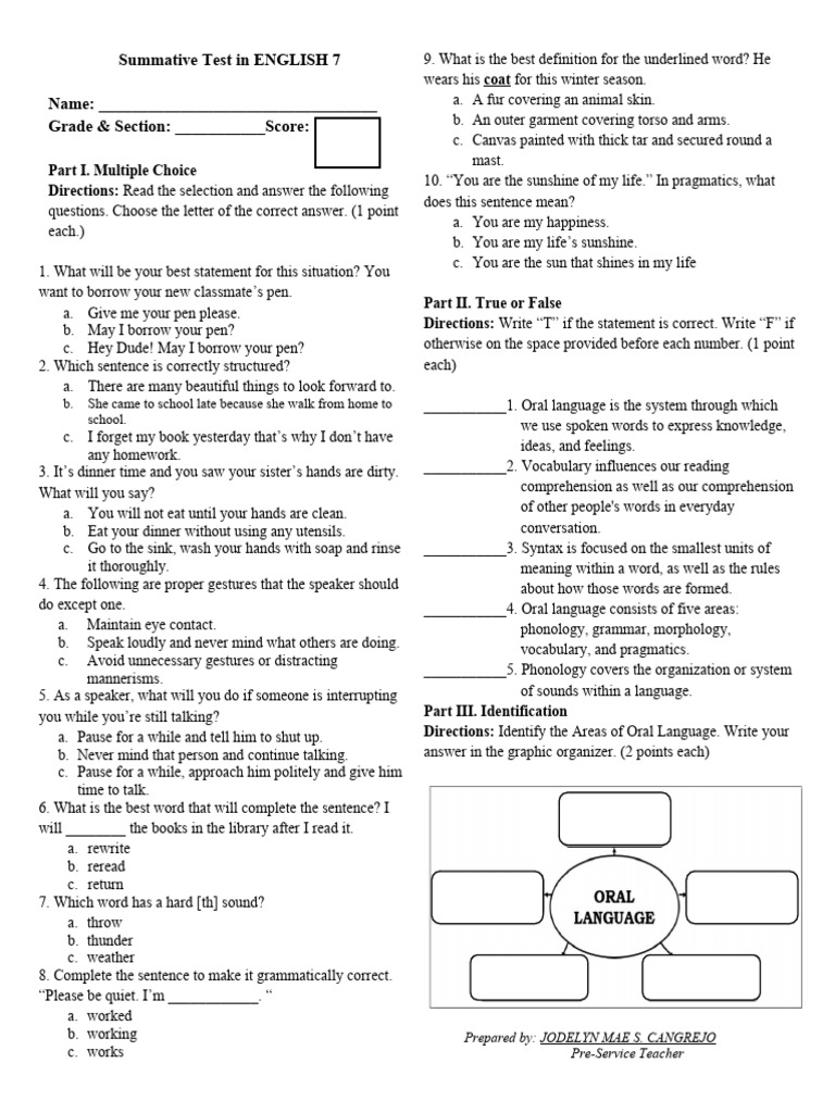 Summative Test Prepared by Jody | Download Free PDF | Word | Grammar