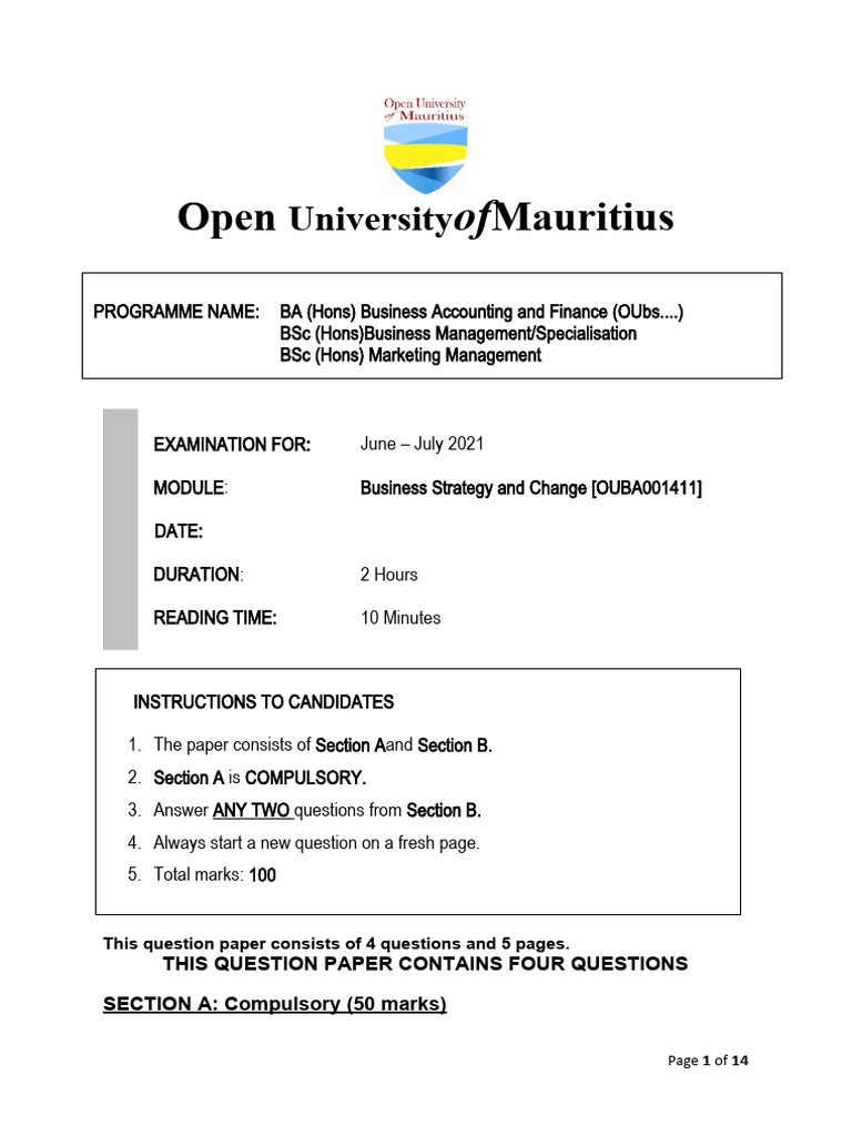 Exam Paper With Answer Guidelines For Business Strategy and Change ...