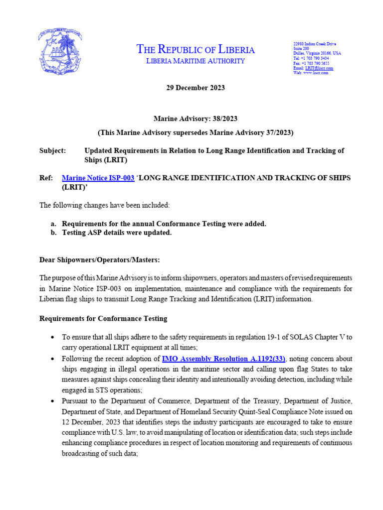 Liberia LRIT Compliance Updates 2023 | PDF | Business | Law