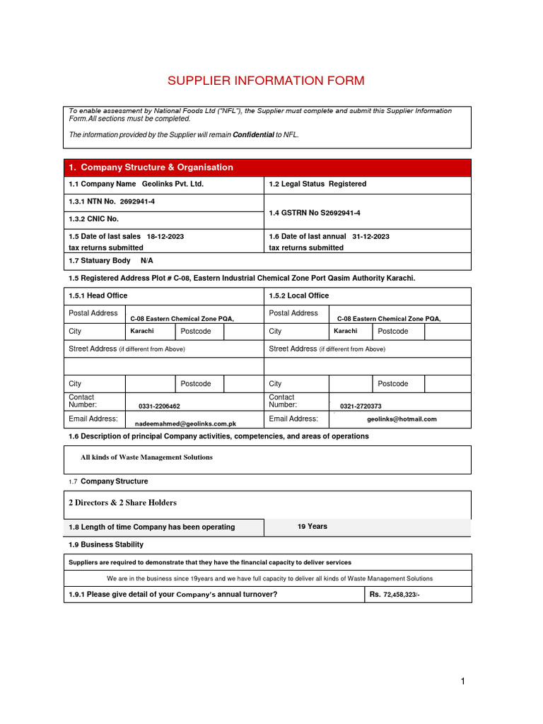 Supplier-Information-Form National Foods | Download Free PDF | Business ...
