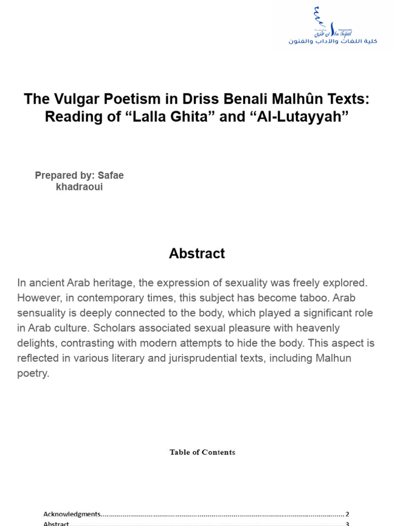 The Vulgar Poetism in Driss Benali Malhûn Texts - Reading of "Lalla Ghita" and "Al-Lutayyah ...