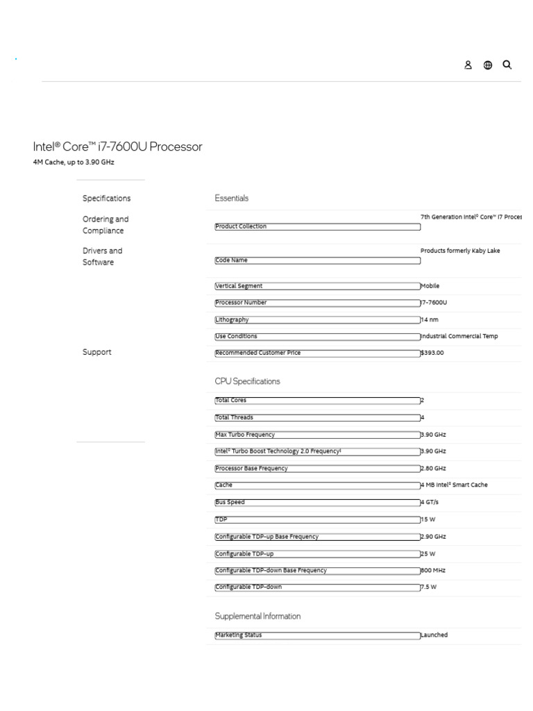 Intel Core I77600u Processor 4M Cache Up To 3.90 GHZ Product Specifications | PDF | Integrated ...