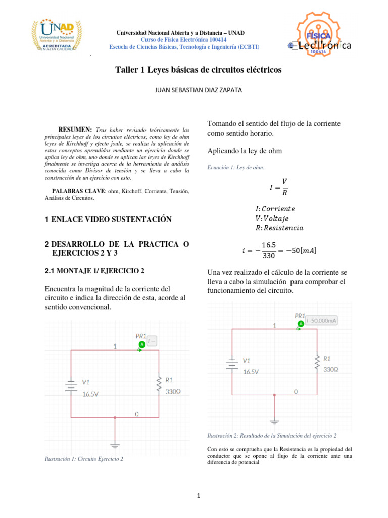 Taller 1 Leyes Básicas de Circuitos Eléctricos | PDF | voltaje | Corriente eléctrica