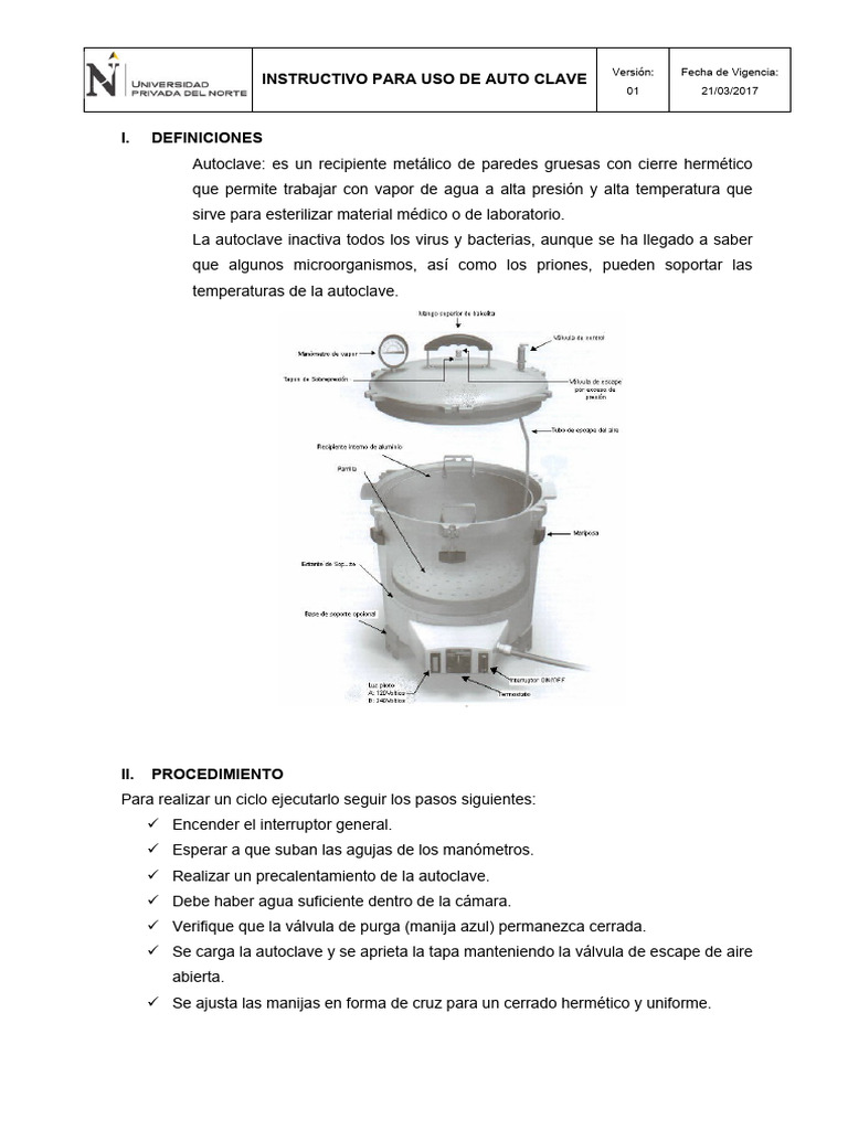Instructivo de Autoclave | PDF | Esterilización (Microbiología) | Equipo