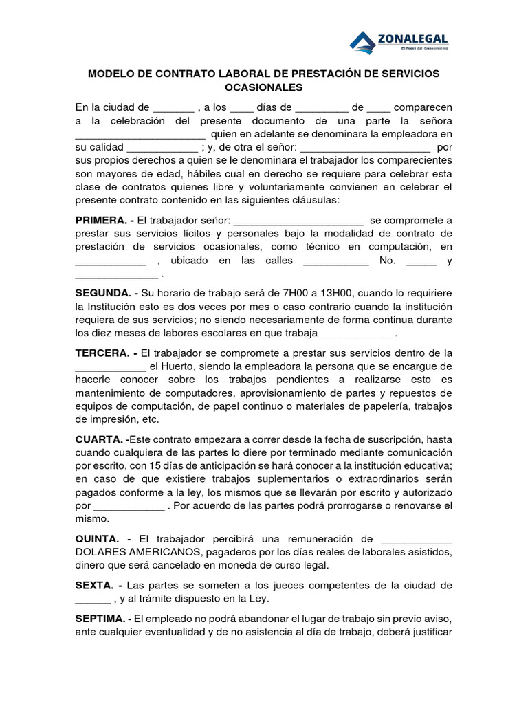 Modelo de Contrato Laboral de Prestacion de Servicios Ocasionales | PDF ...