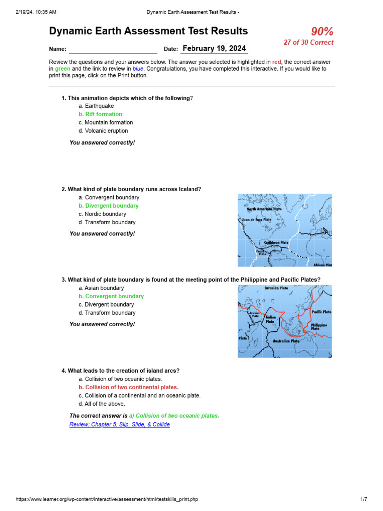 Dynamic Earth Assessment Test Results | PDF | Plate Tectonics ...