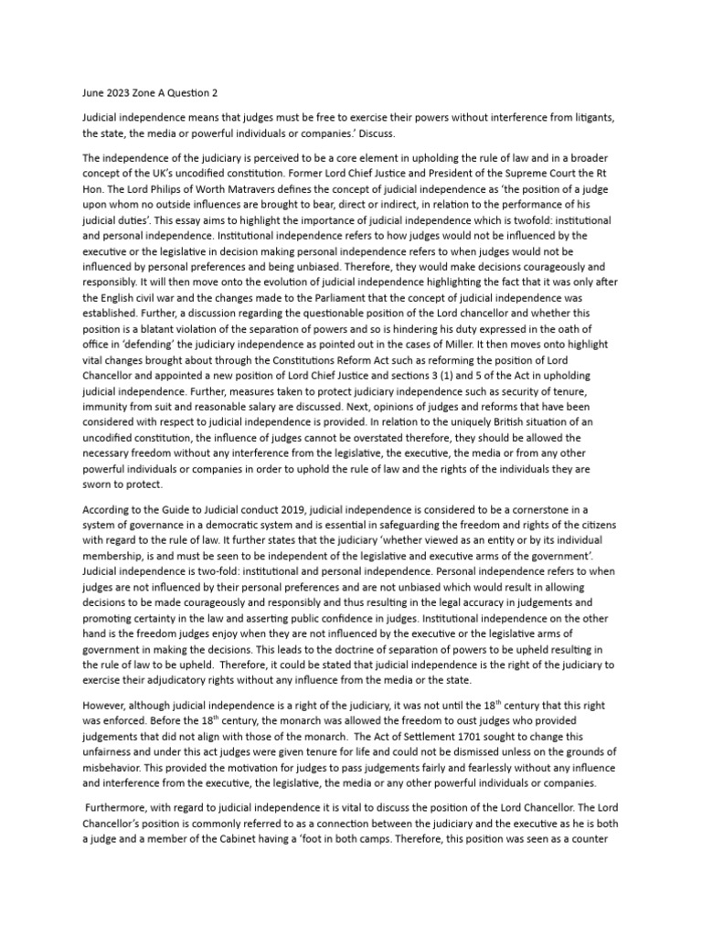 June 2023 Zone A Question 2 - Judicial Independence | PDF | Rule Of Law ...