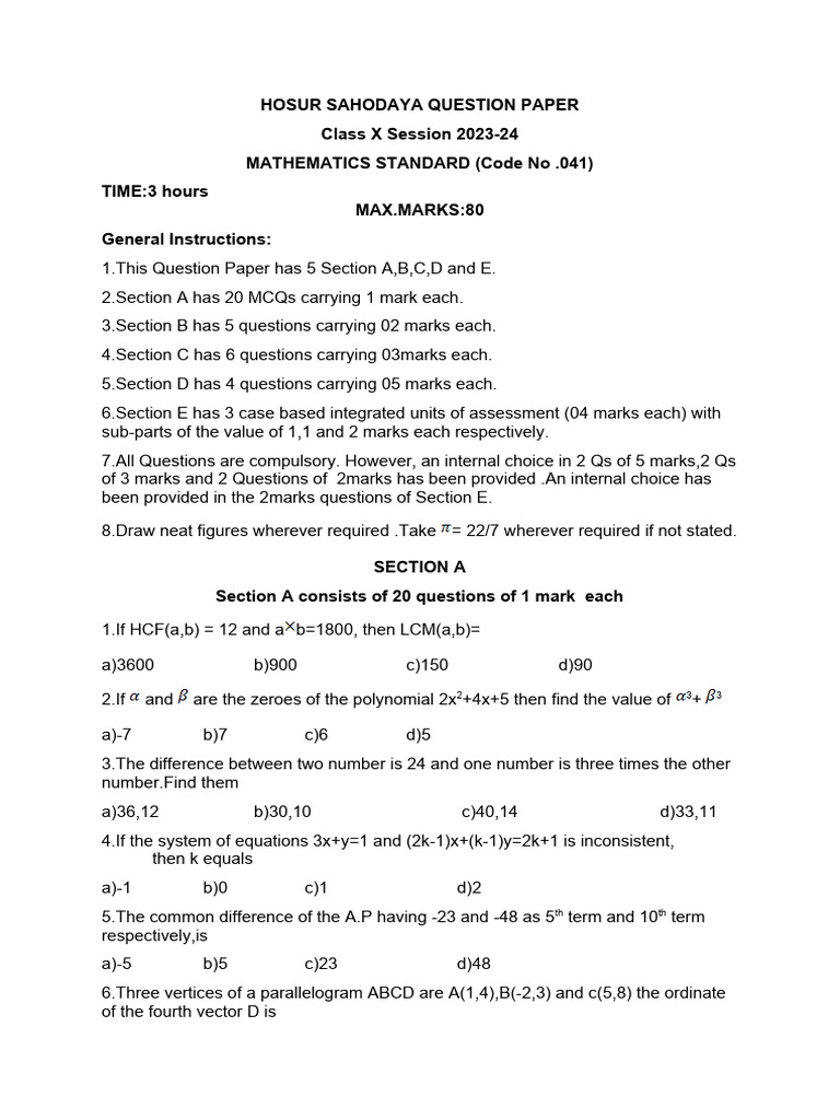 Sahodhaya - STD X Maths QP Hosur | PDF | Circle | Triangle