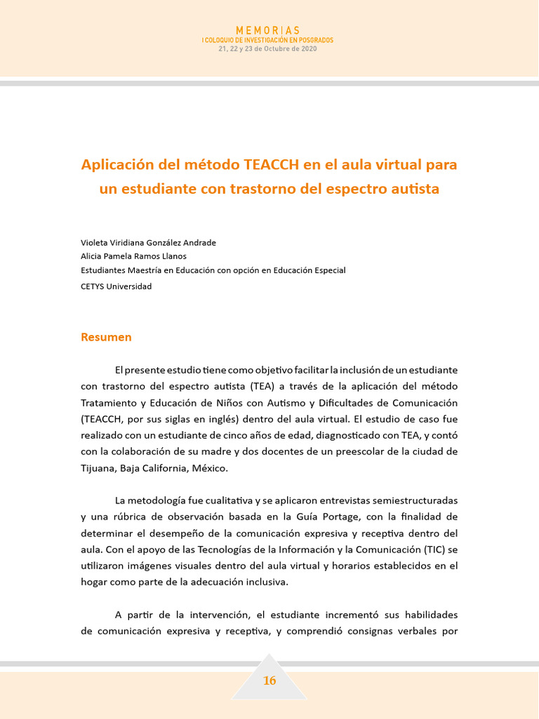 Inclusión TEACCH en Aula Virtual para TEA | PDF | Espectro autista ...