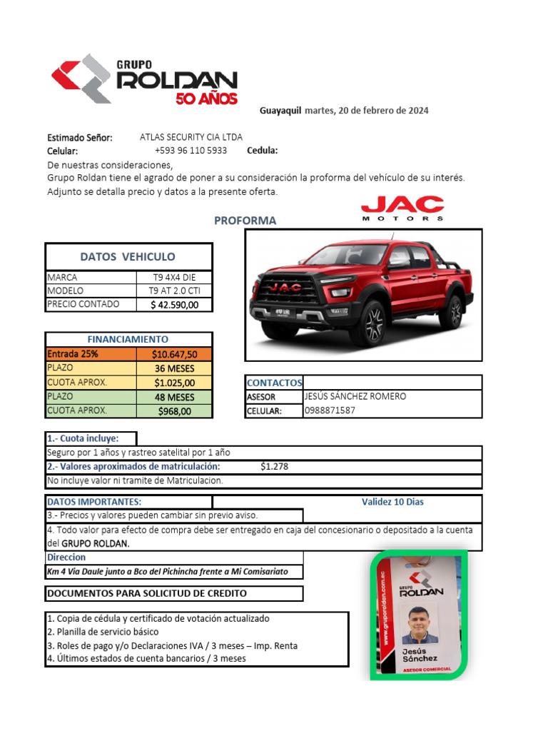 Cotizacion Jac t9 4x4 Luxury - Atlas Security CIA Lta | PDF